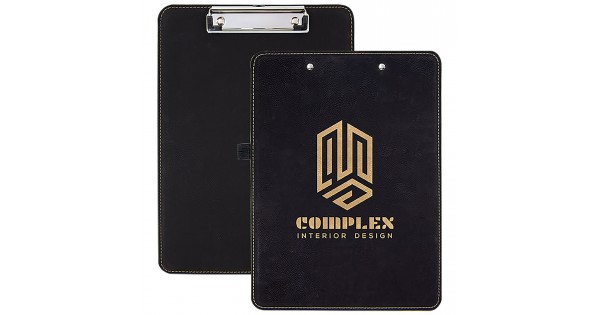 Black-Gold Clipboard with Pen Holder, Laserable Leatherette, 9" x 12-1/ ...
