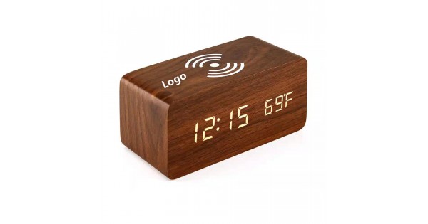 Branded Digital Wooden Alarm Clock with Wireless Charging Station LED ...