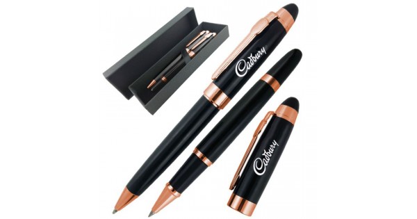 Executive Metallic Rose Gold Pen Set Ballpoint & Roller ball with Logo - Bravamarketing.com ...